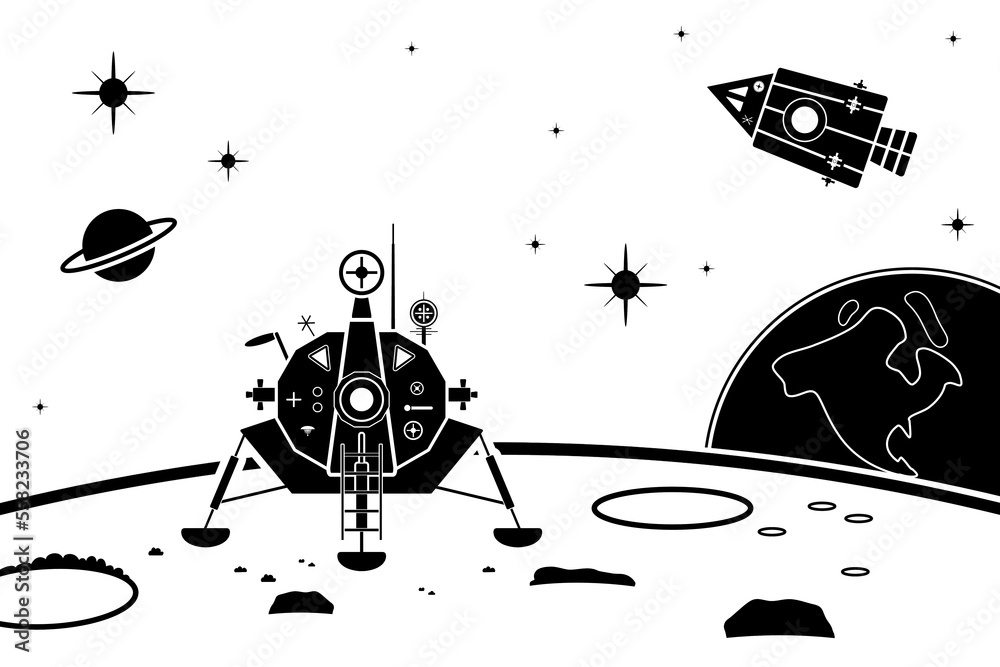 Clean and simple lunar lander on moon illustration, line art, clipart ...