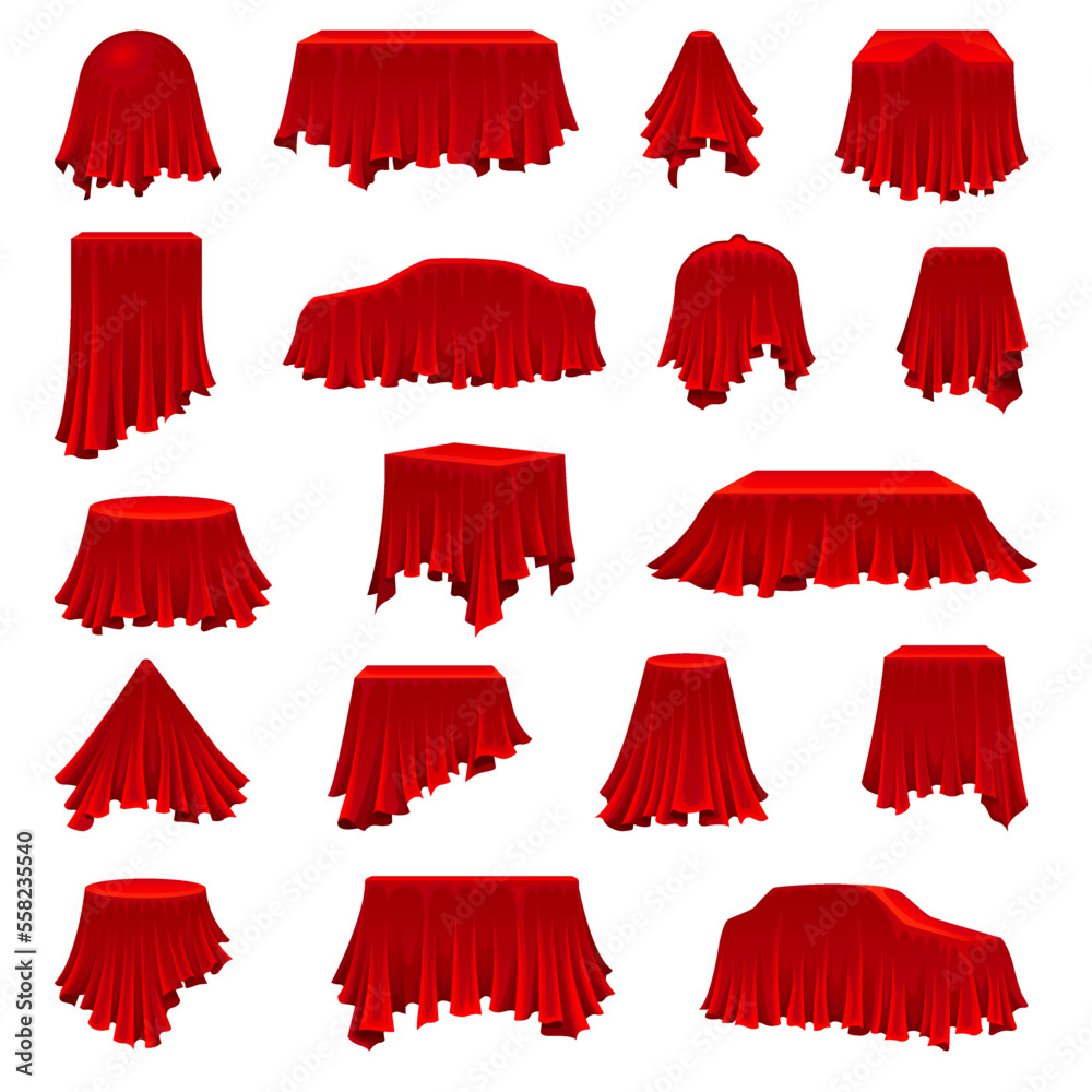 Red silk cloth covered different objects set. Drapery fabric covering ...