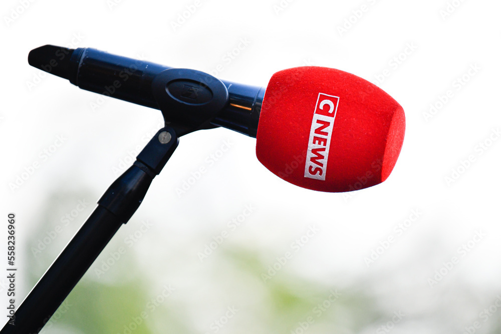 Close-up of a microphone (mic, mike, micro) with the logo of the French ...