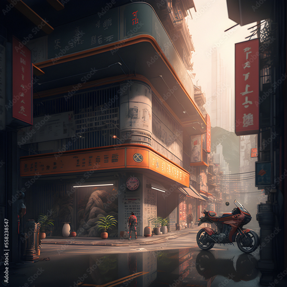 Asian, japanese cyberpunk futuristic city. Sunny day with sky scrapers ...
