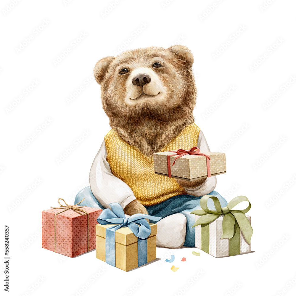Watercolor vintage brown bear boy animal sitting in pants and sweater ...