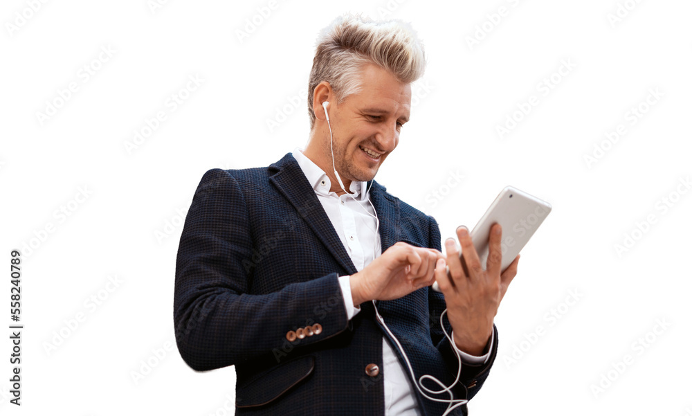 Manager male gray hair fashionable hairstyle smiling in a business suit ...