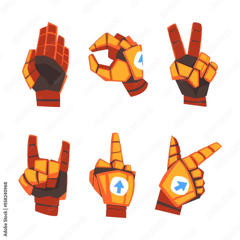 Set of robotic hand showing various gestures. Mechanical palm gesturing ...