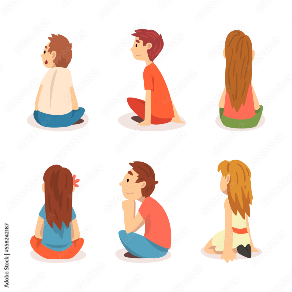 Cute kids sitting on floor and listening attentively set. Side and back ...