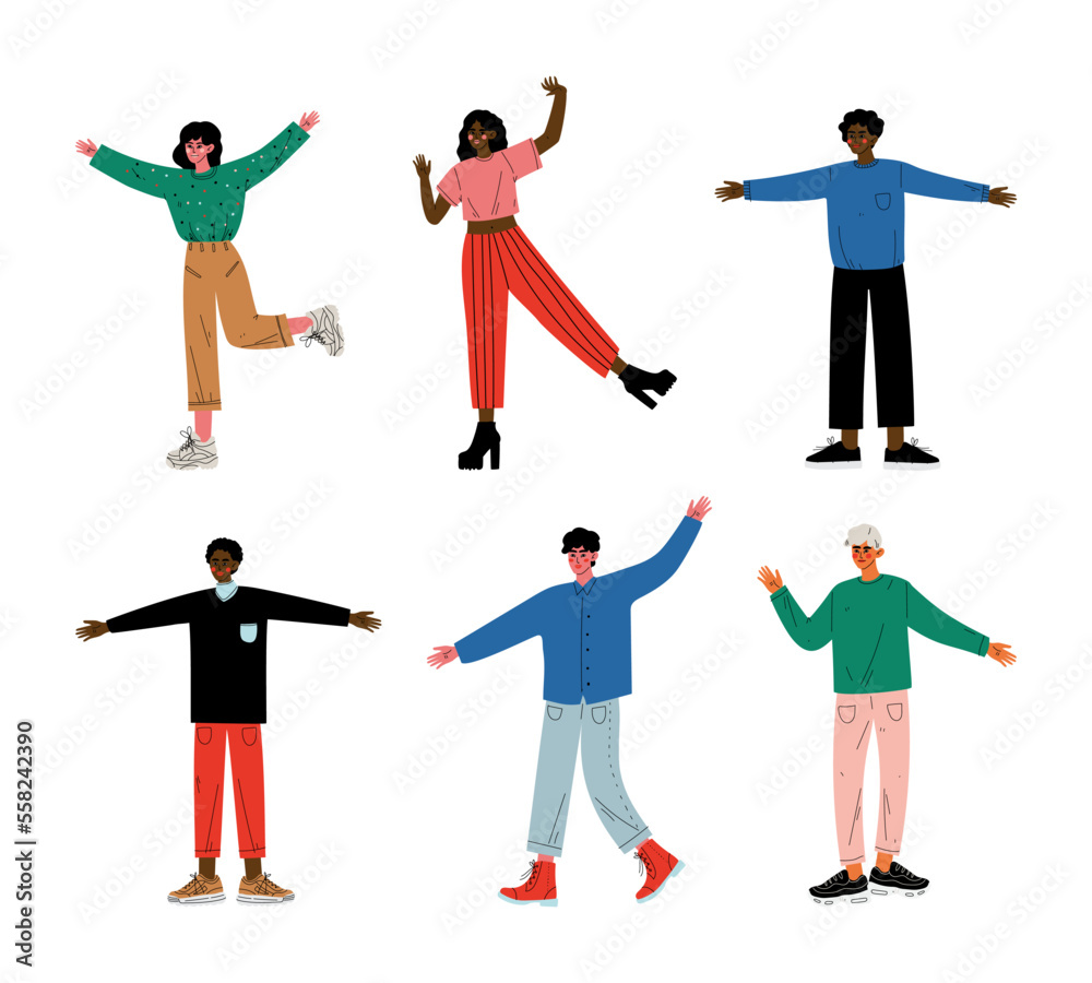 Young people standing with open arms set. Guys and girls spreading and ...
