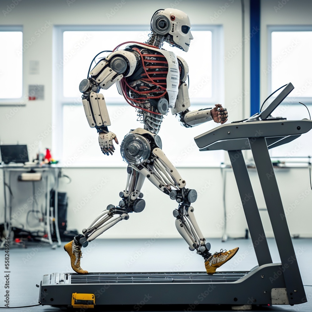 An ai robot walking on a treadmill in a laboratory setting, concept of ...