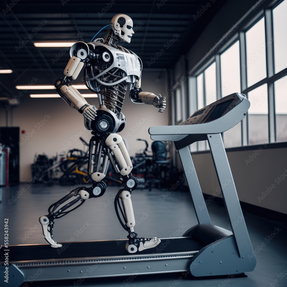 An ai robot walking on a treadmill in a laboratory setting, concept of ...