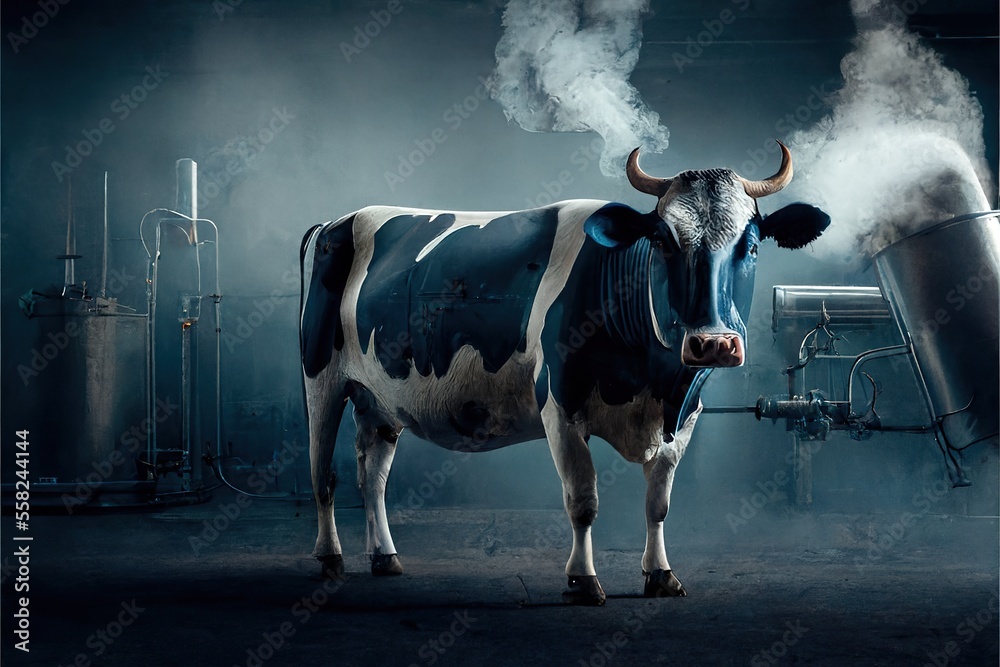Cow as an industrial factory with pipe and smoke, concept of animal ...