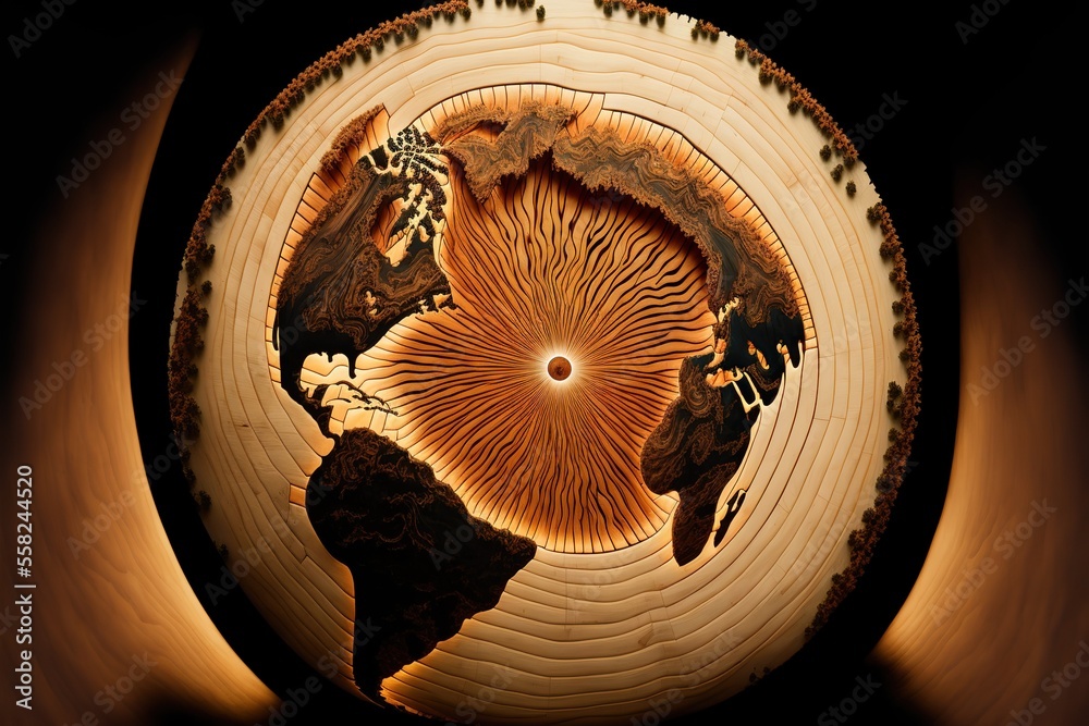 Planet earth made of wood with dendrochronology tree-cut, concept of ...