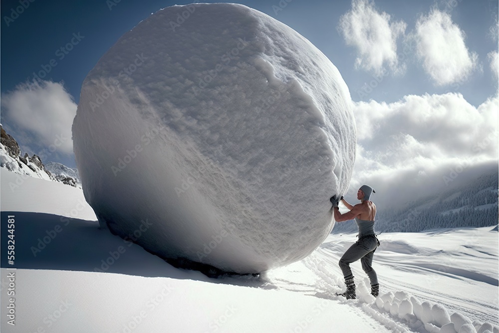 Sisyphus rolls a snowball uphill, concept of useless efforts, created ...