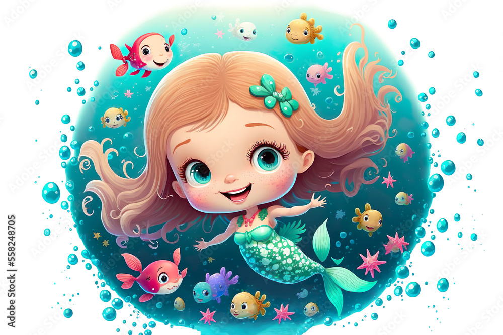 Beautiful cartoon Mermaid. Poster for kids. AI illustration Stock ...