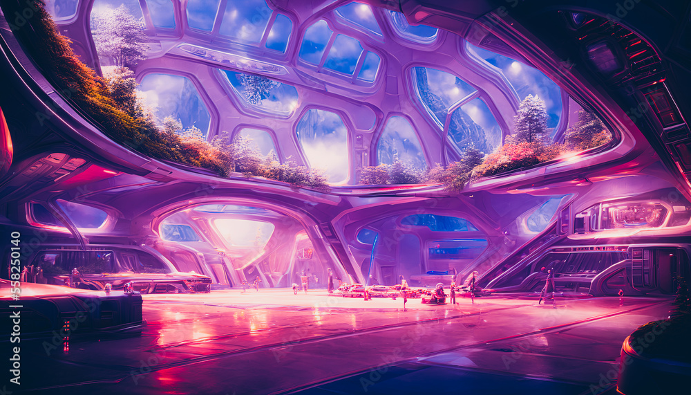 Interior of a colony on an unknown planet, rendered in a style ...