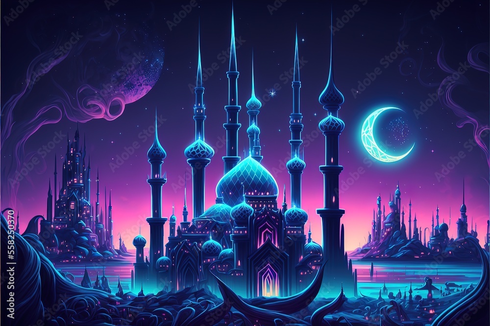 Fantasy Arabic night city with towers and mussels. AI Stock ...