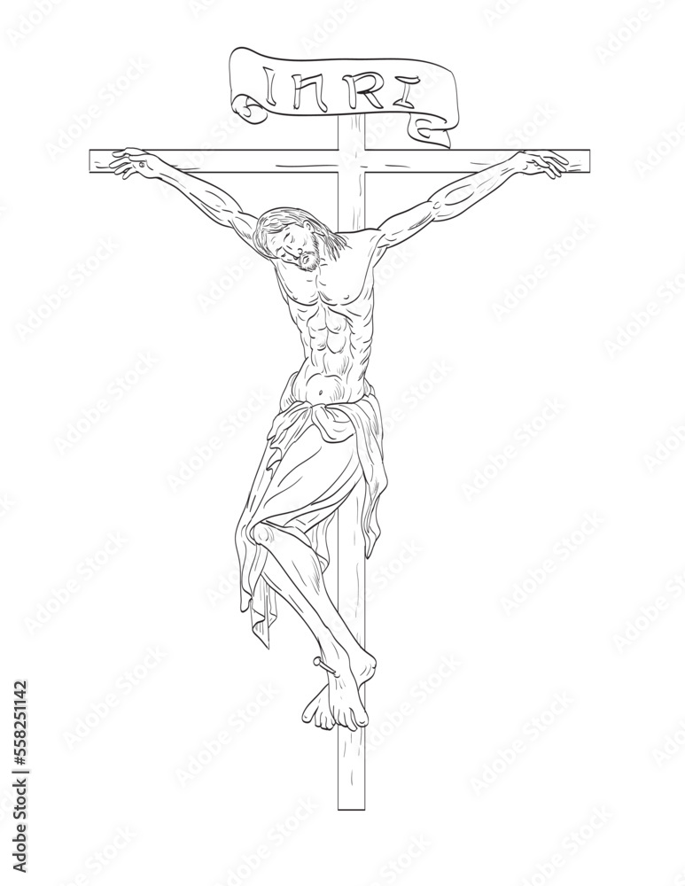 Line art drawing illustration of Jesus Christ hanging on the cross done ...
