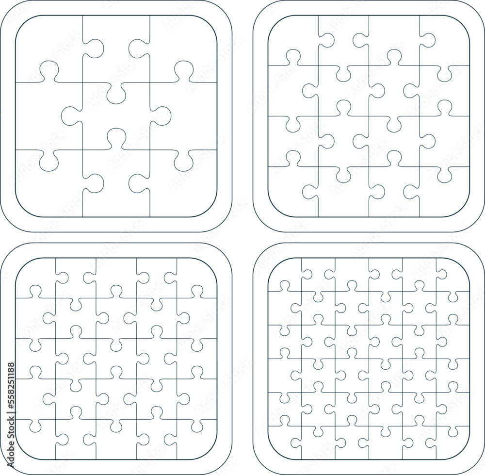Set of square puzzles 3, 4, 5 and 6 pieces each side with rounded ...