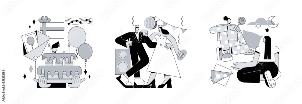 Festive event abstract concept vector illustration set. Birthday ...