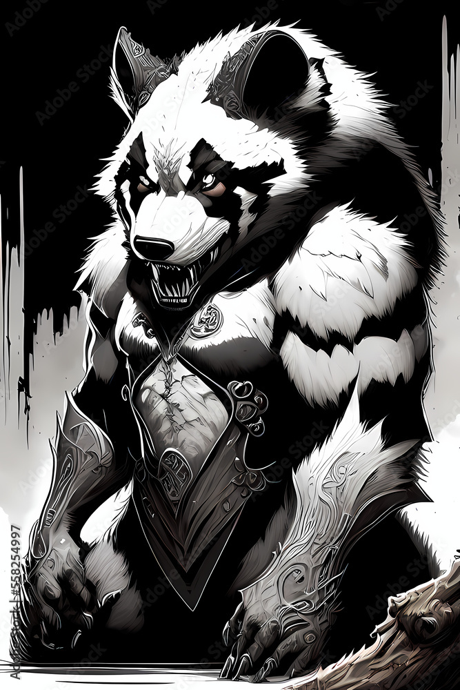 A fantasy board game card/colouring book page: Panda werewolf. Half man ...