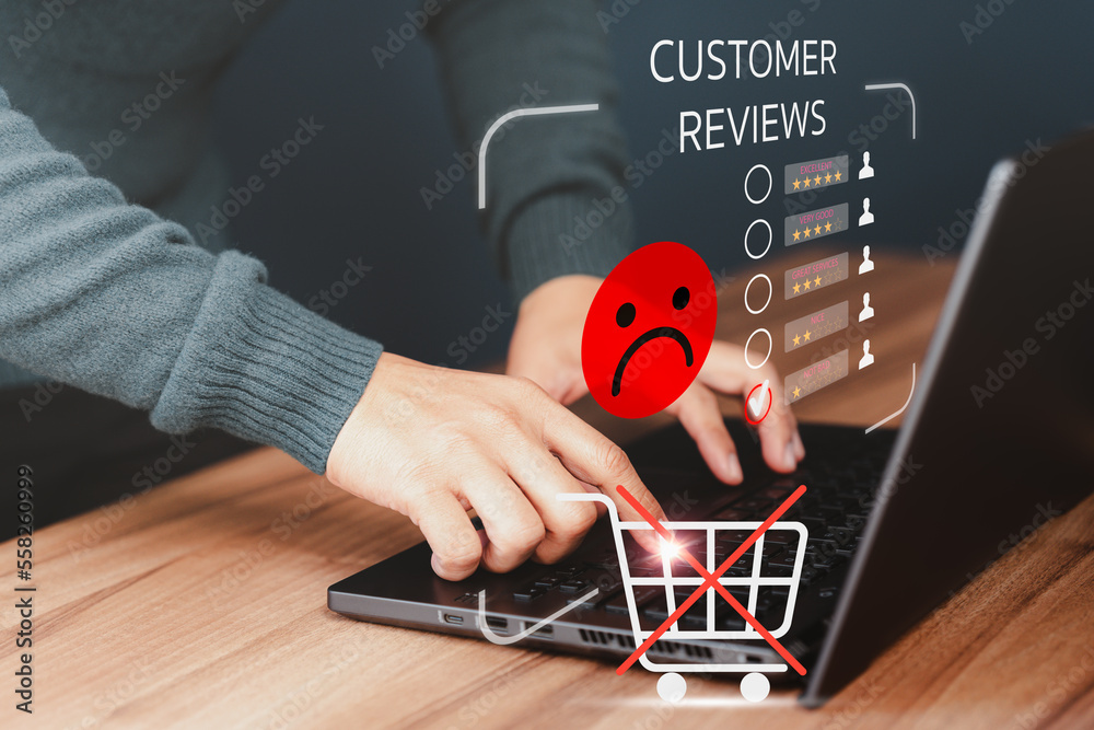 Unhappy man customer with sad emotion face on laptop. Bad review and ...