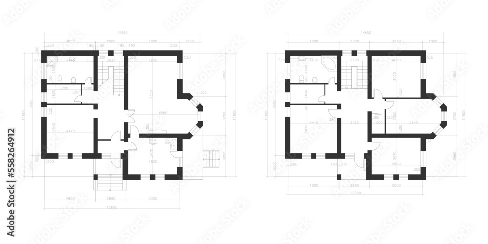 Architectural plan of a two-storey manor house with a terrace. The ...