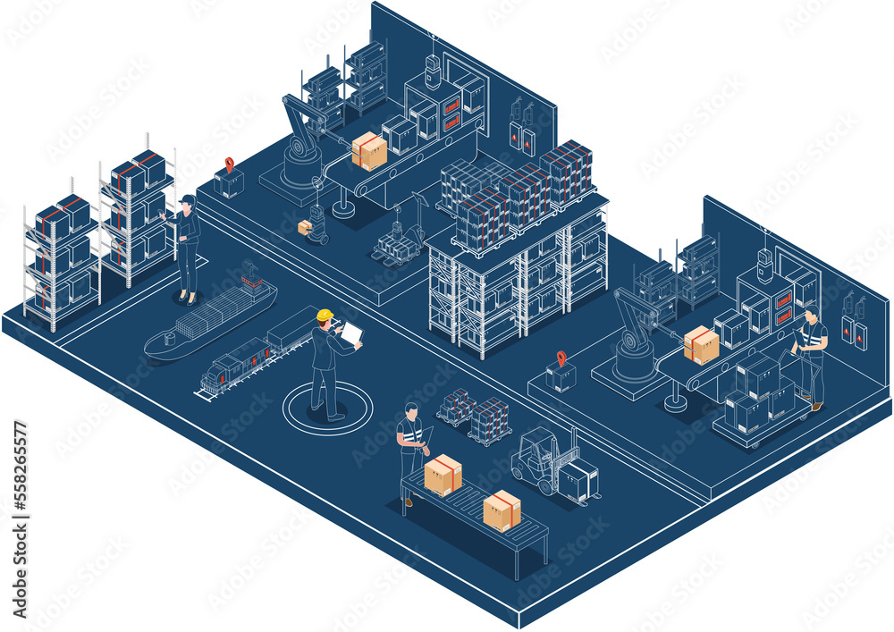 3D isometric automated warehouse robots and Smart warehouse technology ...
