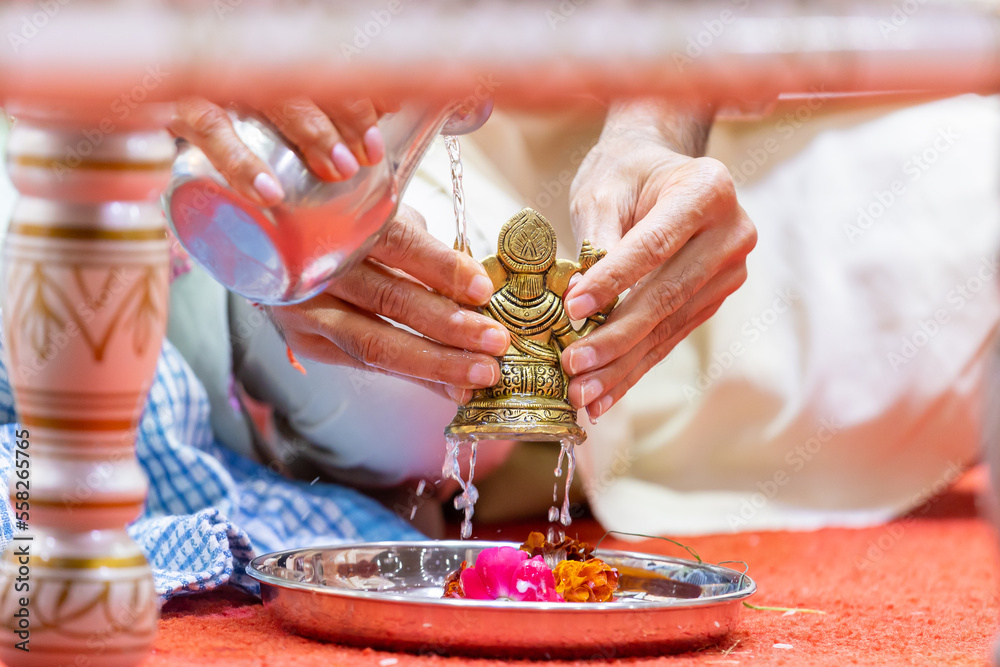 Indian Hindu wedding Ganesh pooja ritual items close up Stock Photo ...