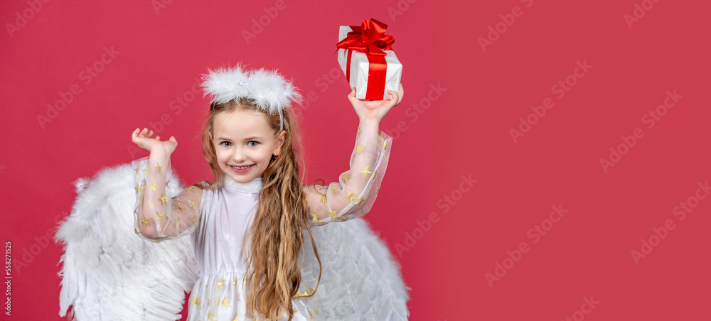 Angel kid banner, isolated studio background. Happy smiling angel girl ...
