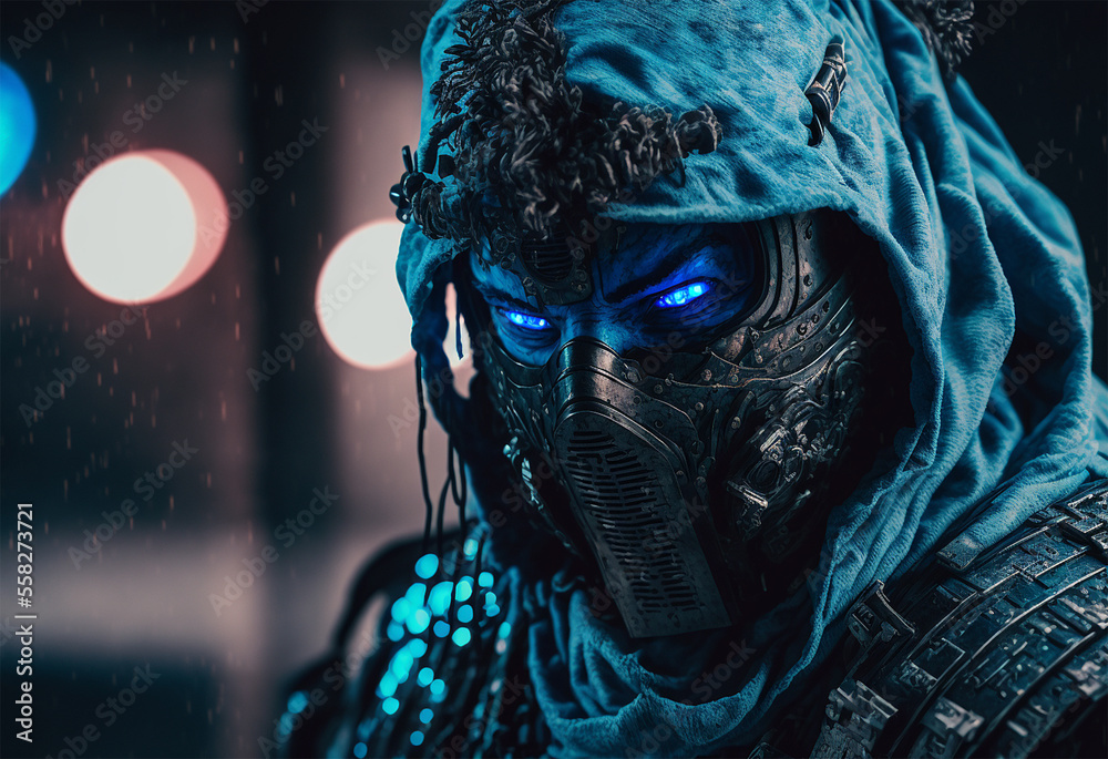 blue samurai ninja, deadly warrior in the shadows, terrifying assassin ...