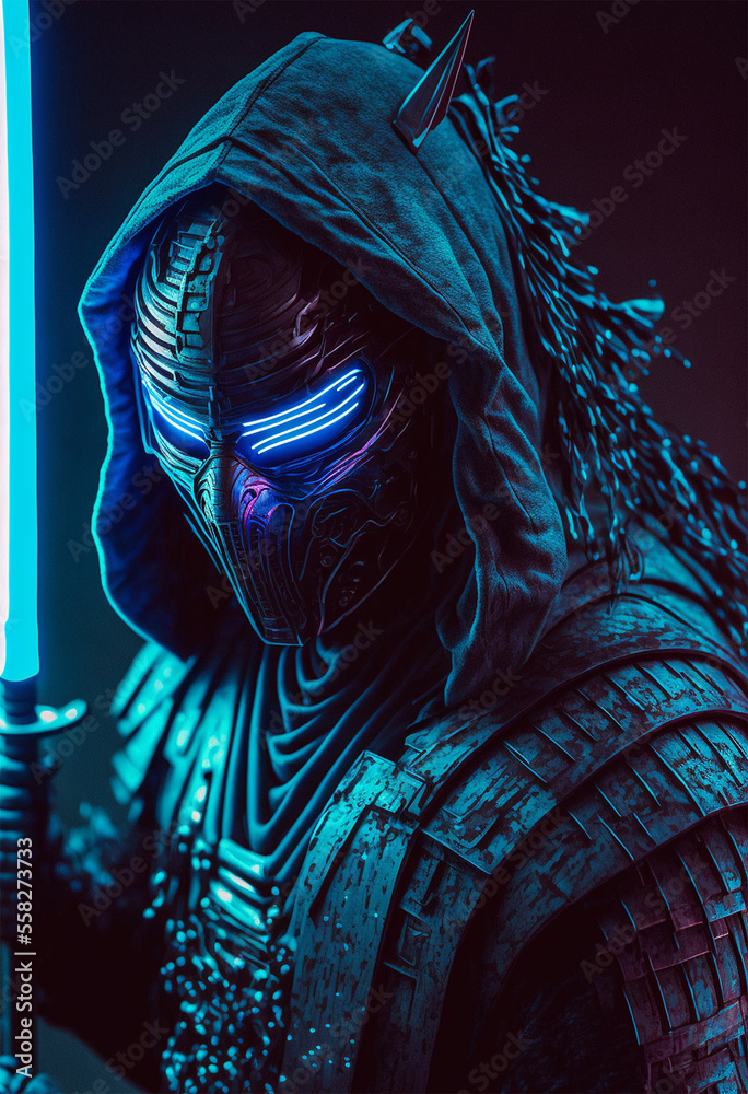 blue samurai ninja, deadly warrior in the shadows, terrifying assassin ...