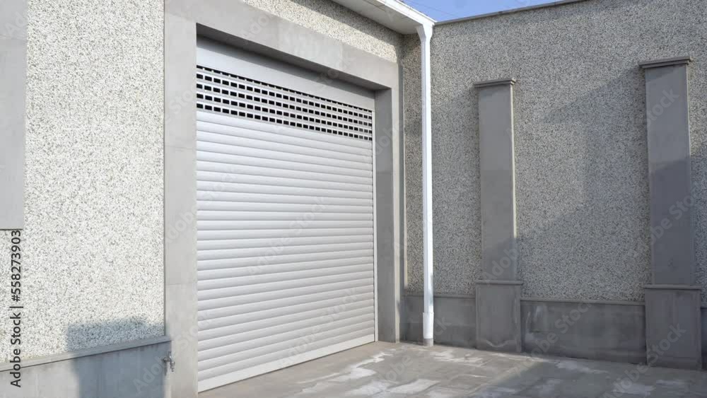 Human hand opening roller shutter gate. Metal roller garage door as ...