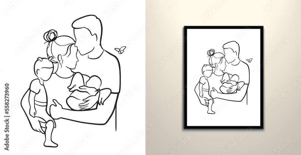 parenthood with newborn baby and little son vector outline drawing art ...