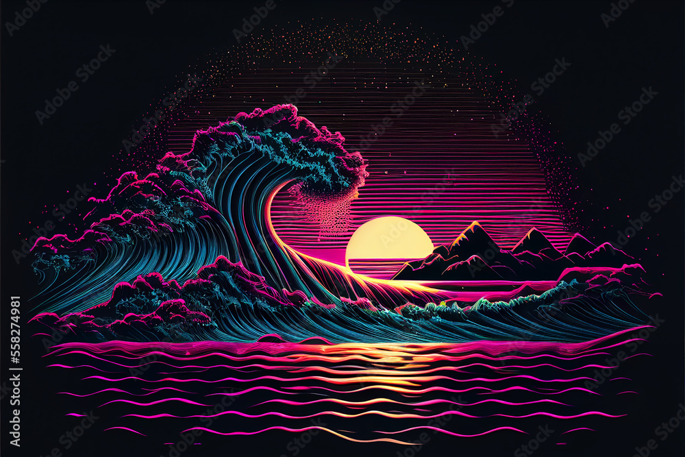 Synthwave sunset, landscape, 80's retro synthwave color design ocean ...