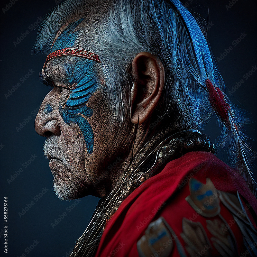 native American old man portrait with blue paint on his face Generative ...