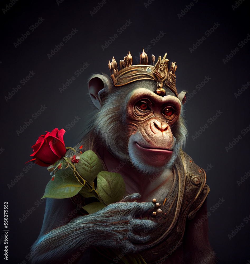 The monkey king wearing a crown holds a rose. Epic fantasy old monkey ...
