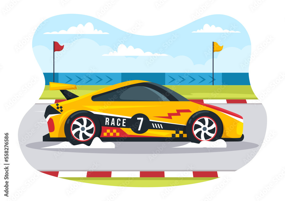 Cartoon Car Racing To The Finish Line