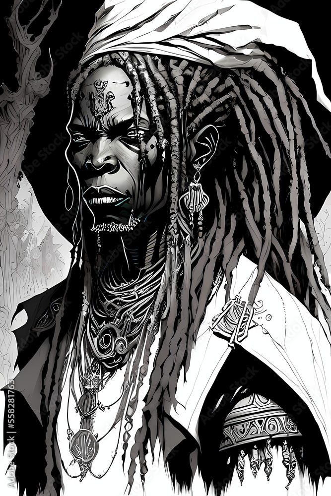 A fantasy board game card/colouring book page: Voodoo priest. Haiti ...