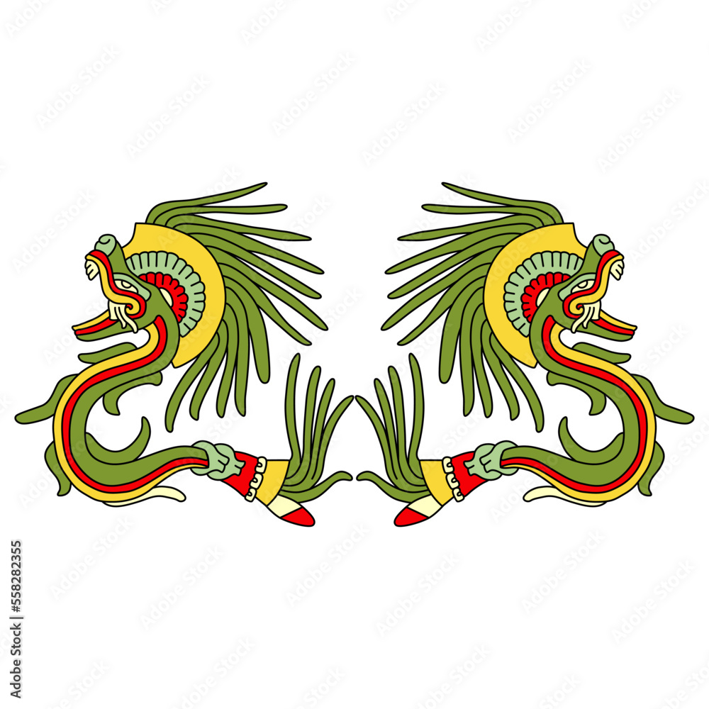 Symmetrical design with two fantastic animals. Quetzalcoatl Feathered ...