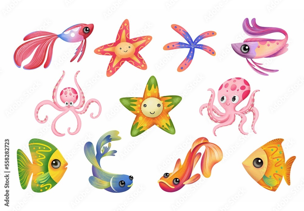 Starfish Octopus Fish Under The Sea Character Illustrations Stock ...