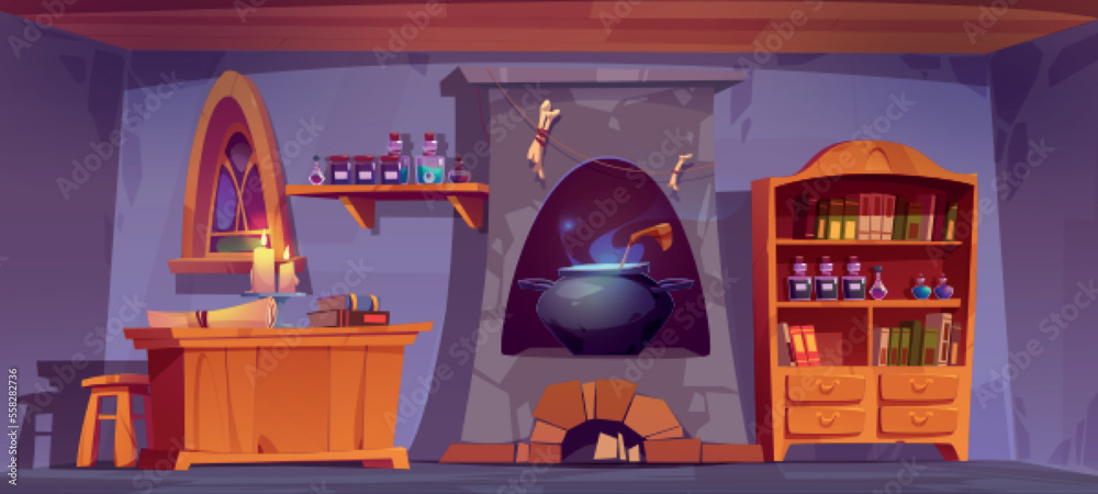 Magic potions shop interior with furniture. Cartoon vector illustration ...