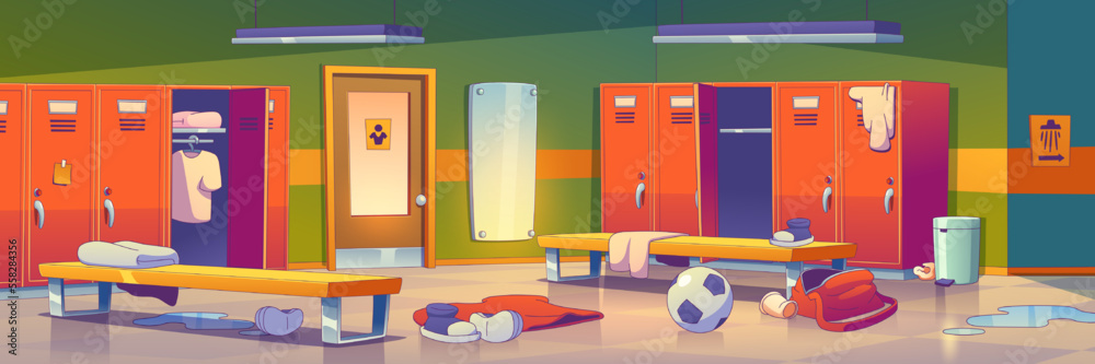 Vetor de Messy locker room with clutter, soccer ball, clothes, shoes ...