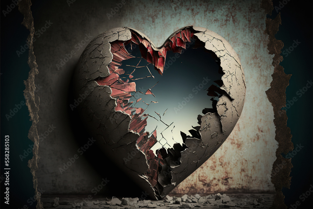 Brown red broken empty heart shell sculpture, isolated, 3d render ...