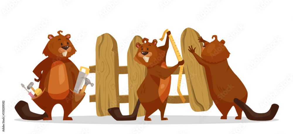 Cute comic beavers building fence vector illustration. Cartoon drawing ...