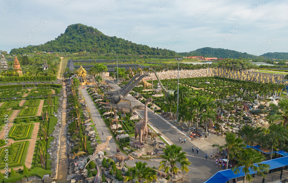 Aerial top view of green trees in Nong Nooch Tropical Garden Park ...