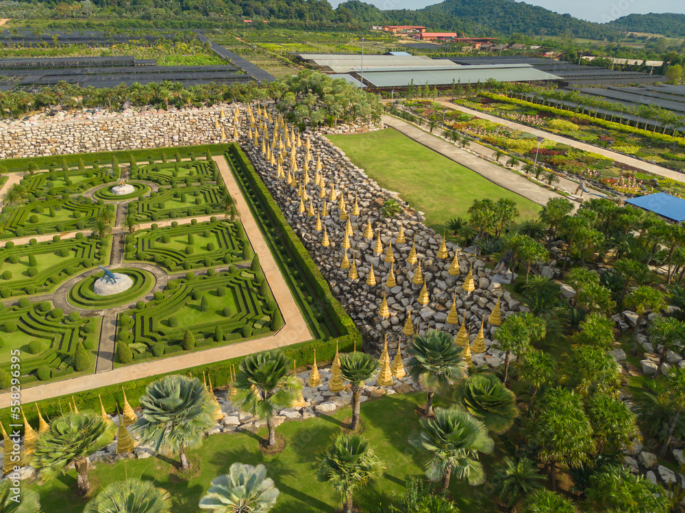 Aerial top view of green trees in Nong Nooch Tropical Garden Park ...