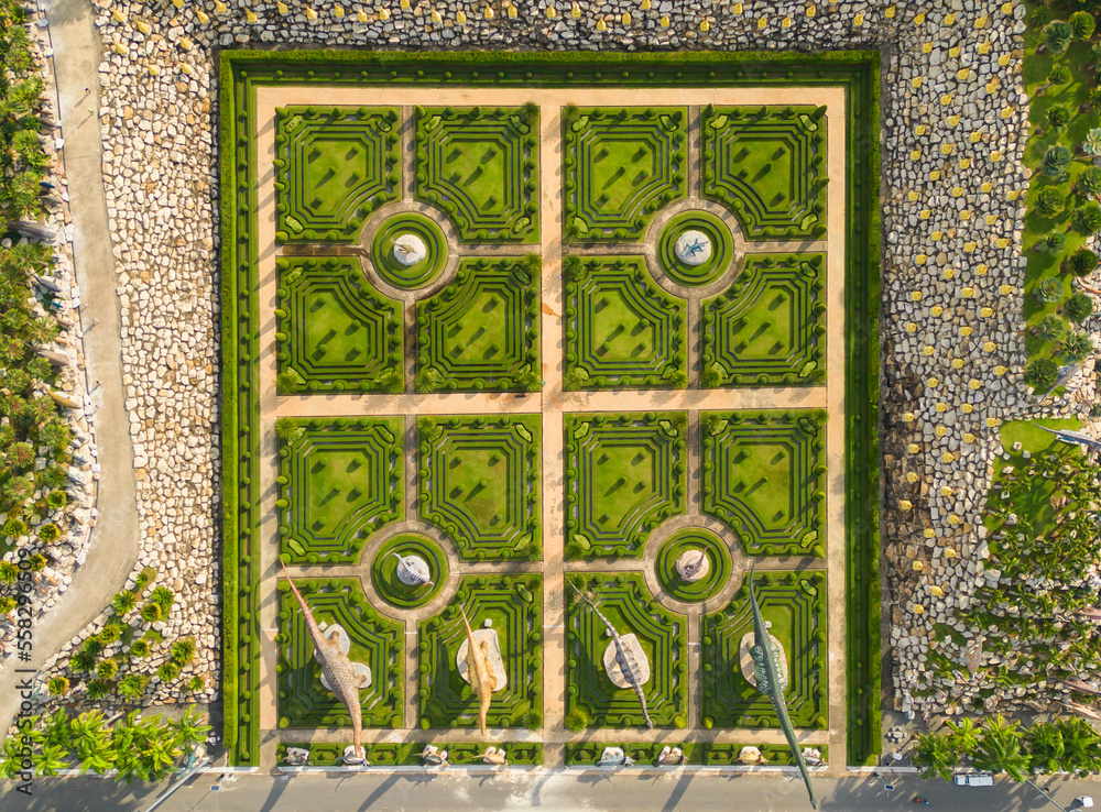 Aerial top view of green trees in Nong Nooch Tropical Garden Park ...
