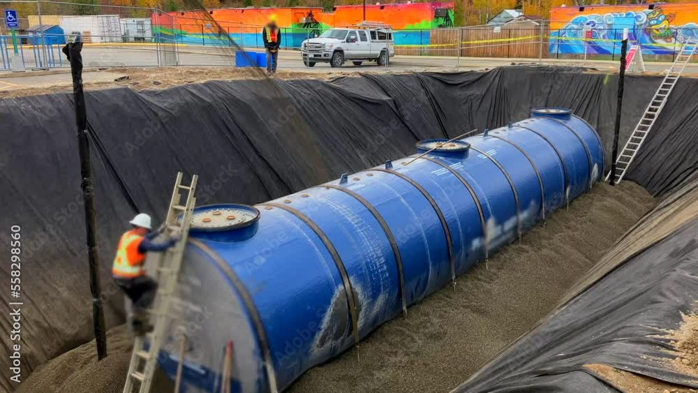 Construction of New Gas Station: Underground Fuel Storage Tank Filled ...