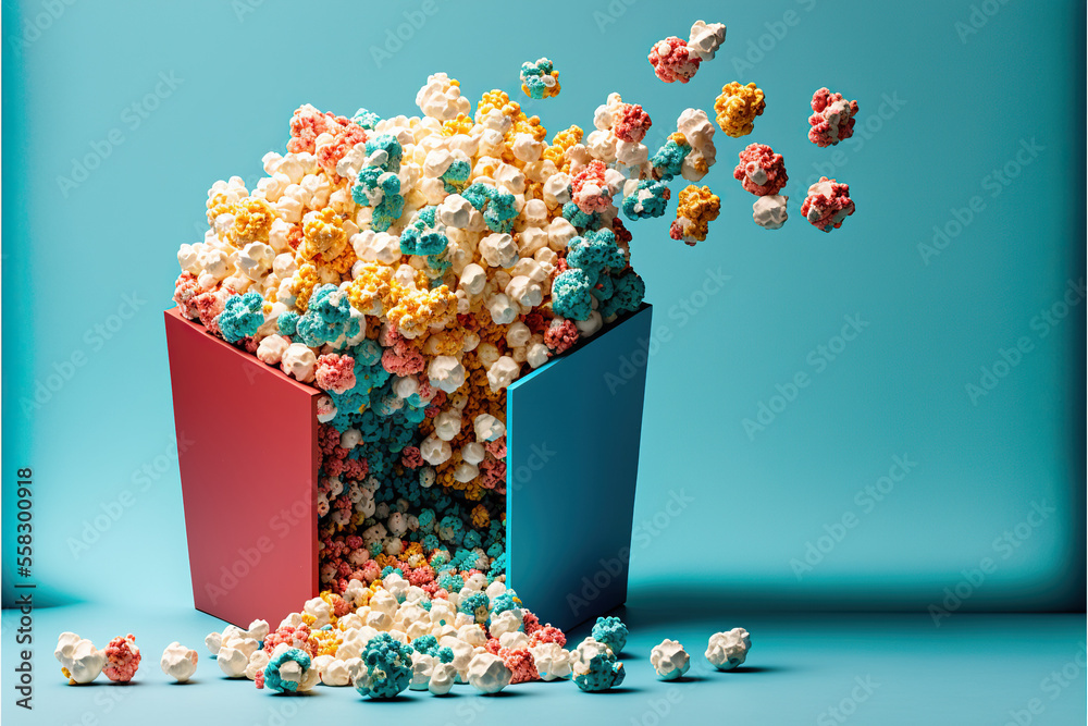Popcorn of various bright colors popping out exploding, generative ai ...