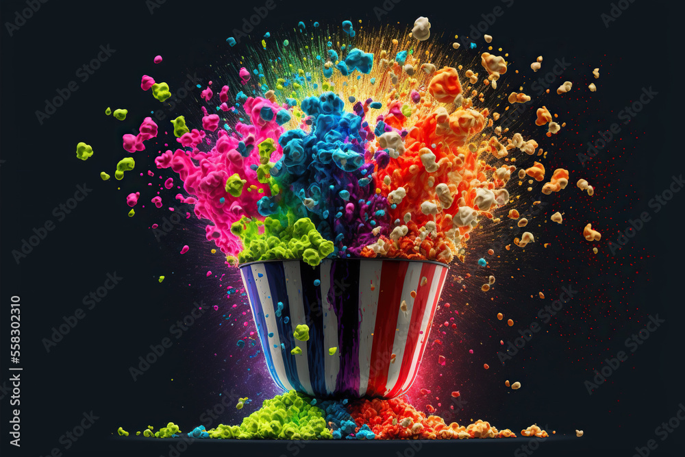 Popcorn of various bright colors popping out exploding, 3d rendered ...