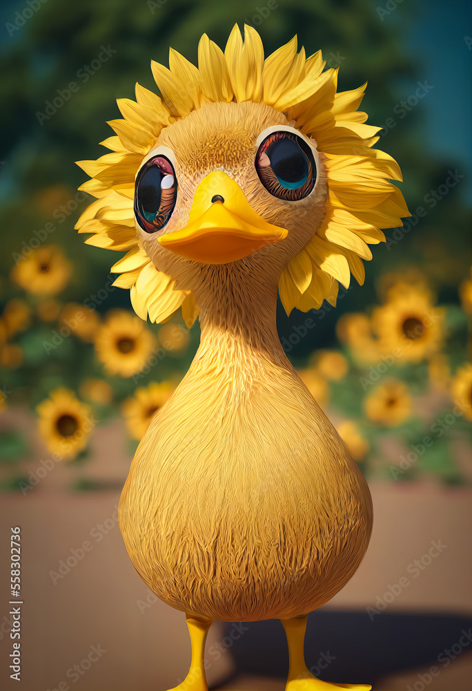 Adorable baby duck character design on sunflower field. cute duck ...