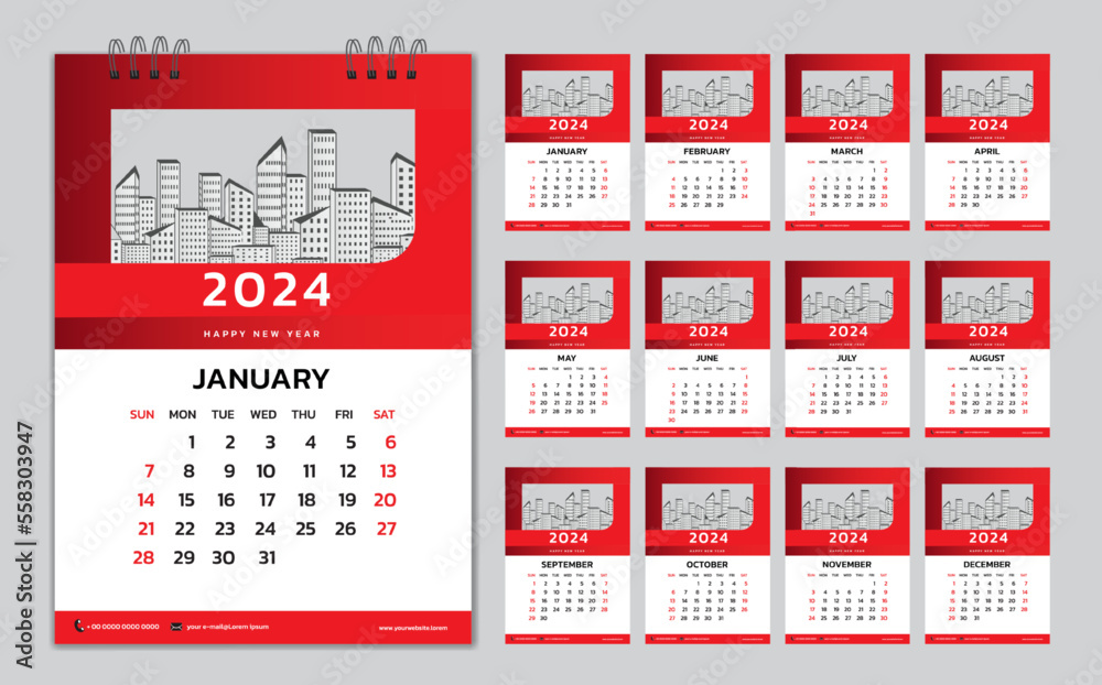 Wall calendar 2024 in red graphic style, Monthly calendar template for ...