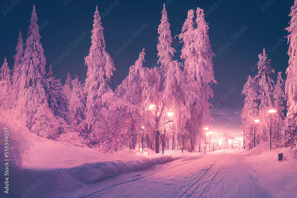 Pink Snow Forest Night